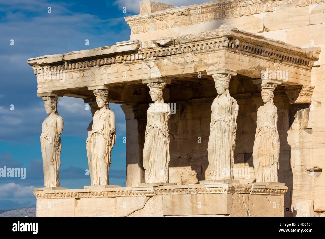 The Caryatides, female statues in the Acropolis of Athens, Greece Stock ...