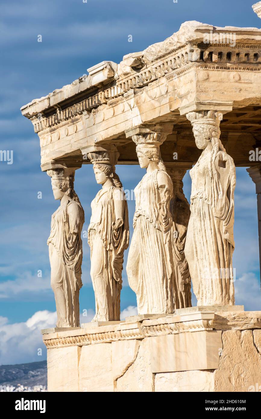 The Caryatides, female statues in the Acropolis of Athens, Greece Stock ...