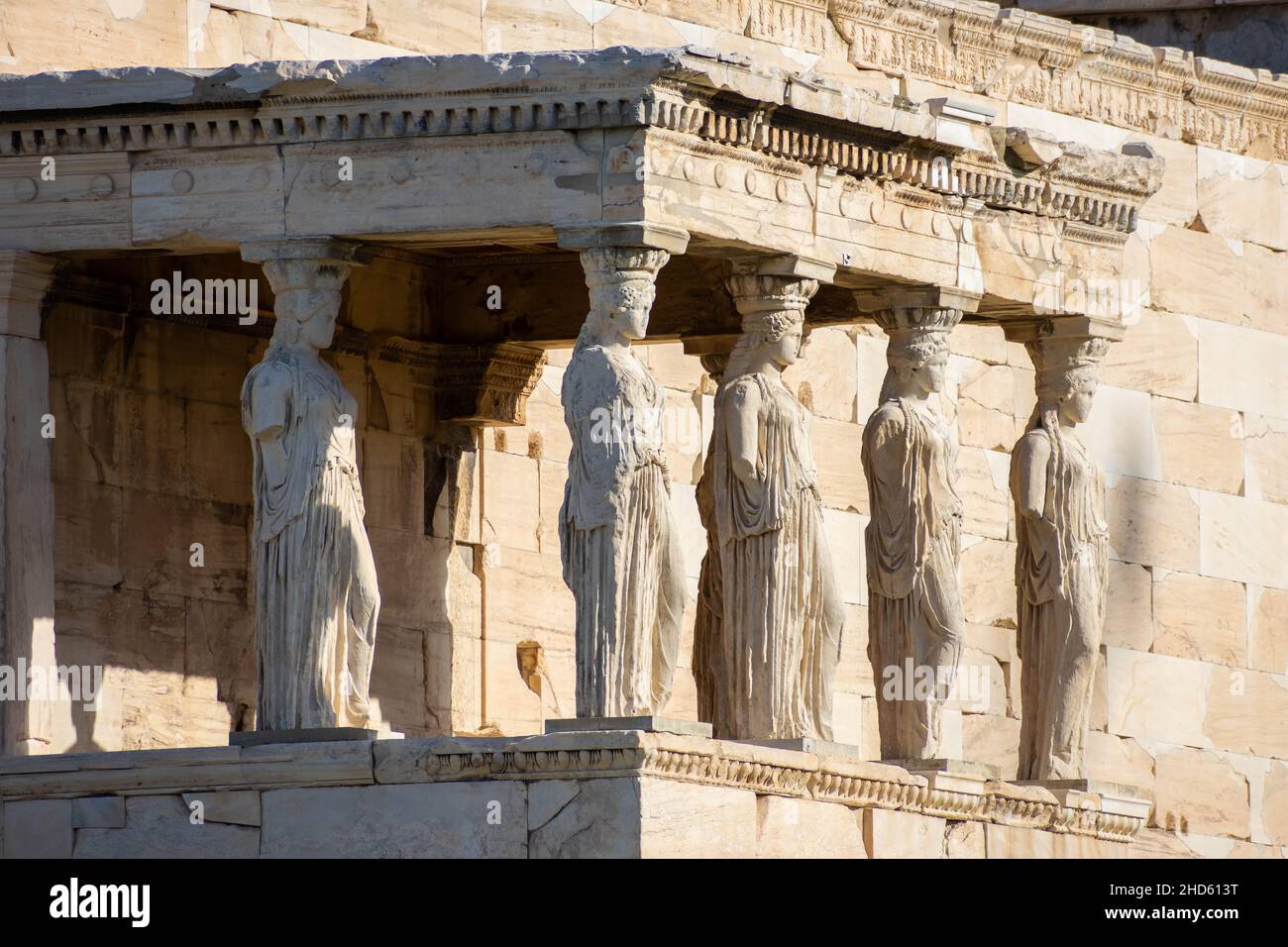 The Caryatides, female statues in the Acropolis of Athens, Greece Stock ...