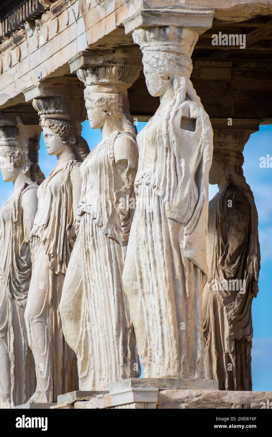 The Caryatides, female statues in the Acropolis of Athens, Greece Stock ...