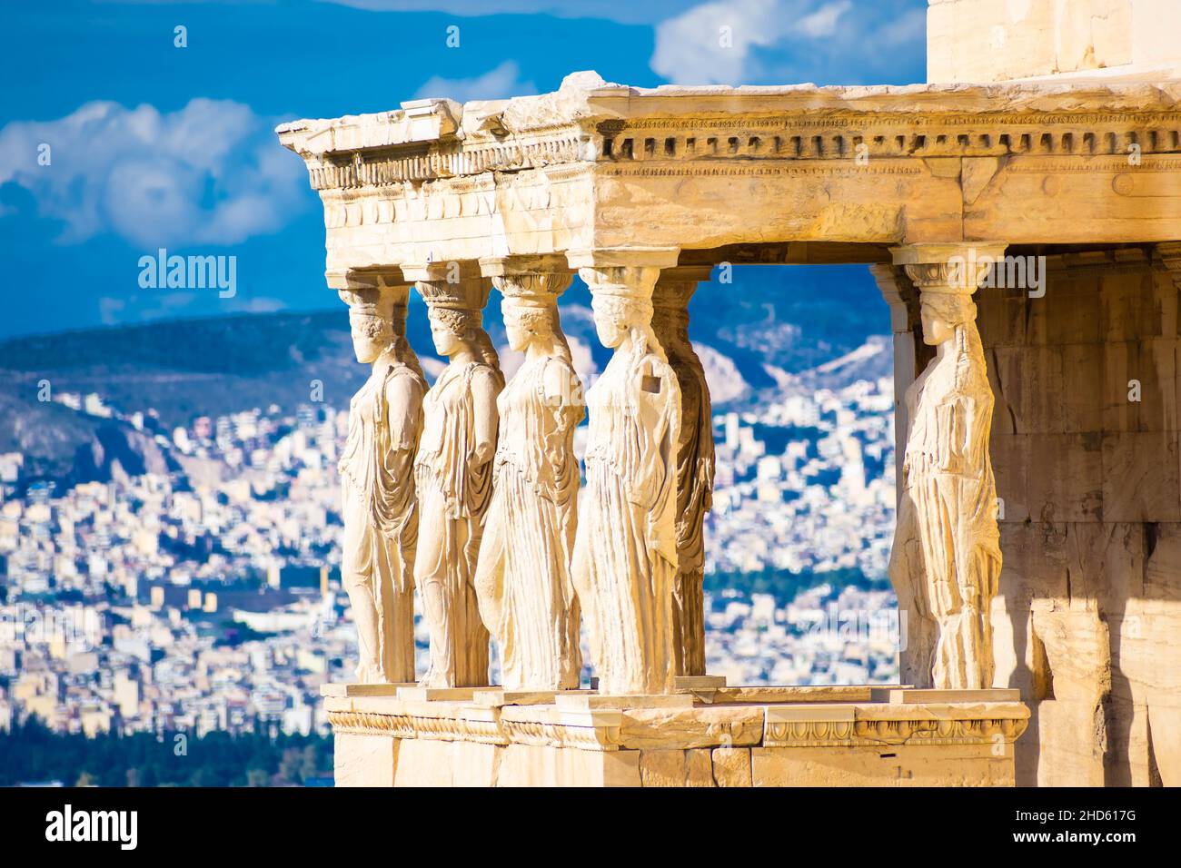 The Caryatides, female statues in the Acropolis of Athens, Greece Stock ...