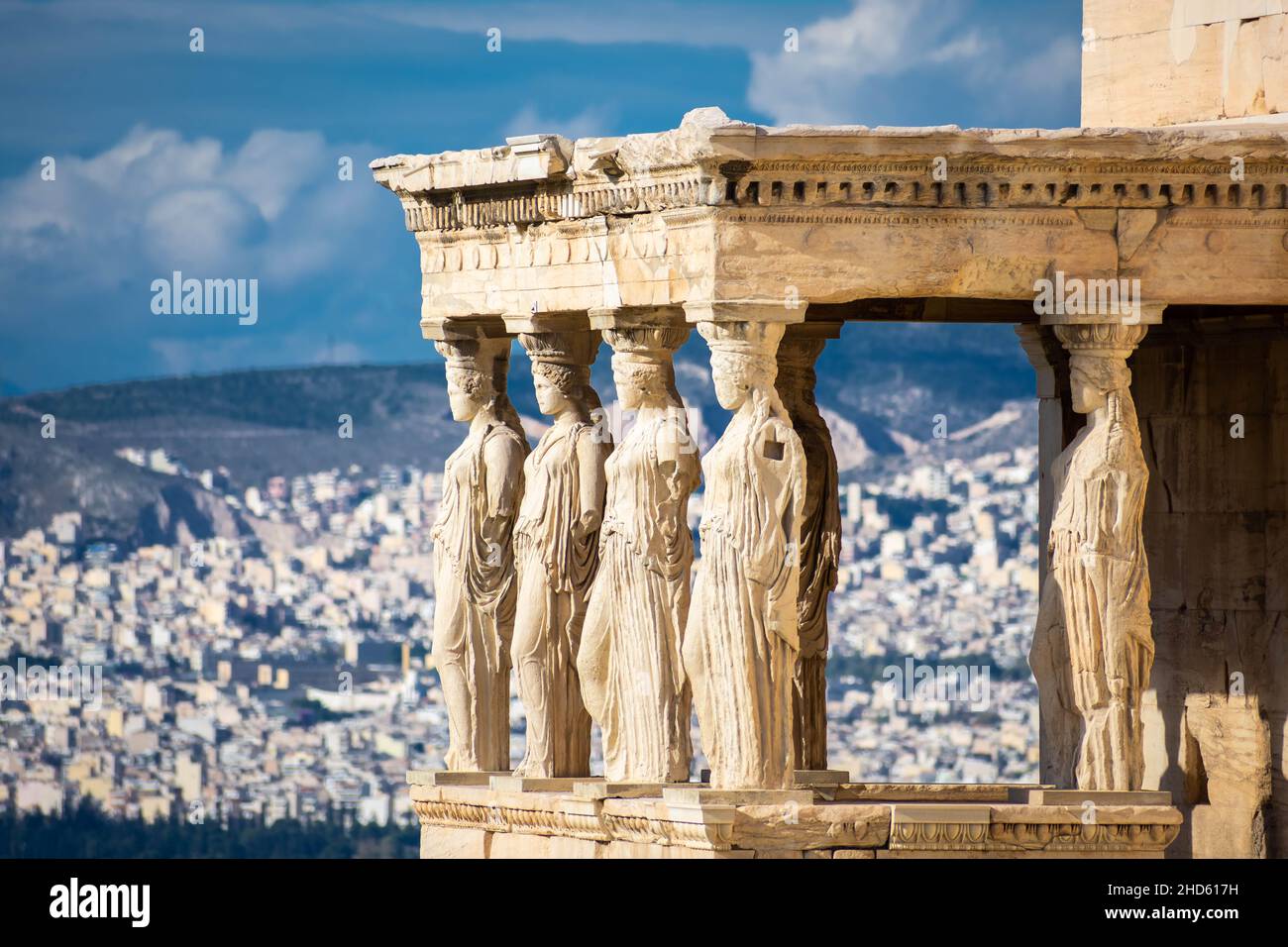 The Caryatides, female statues in the Acropolis of Athens, Greece Stock ...