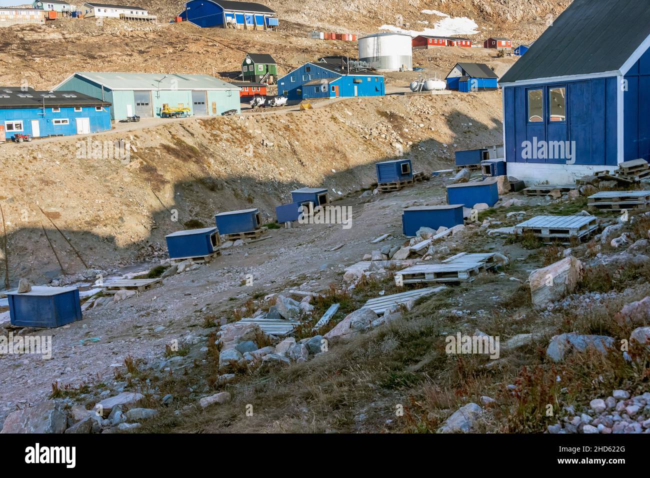Ittoqqortoormiit village with dog houses, Lincoln Land, Scoresby Sund ...