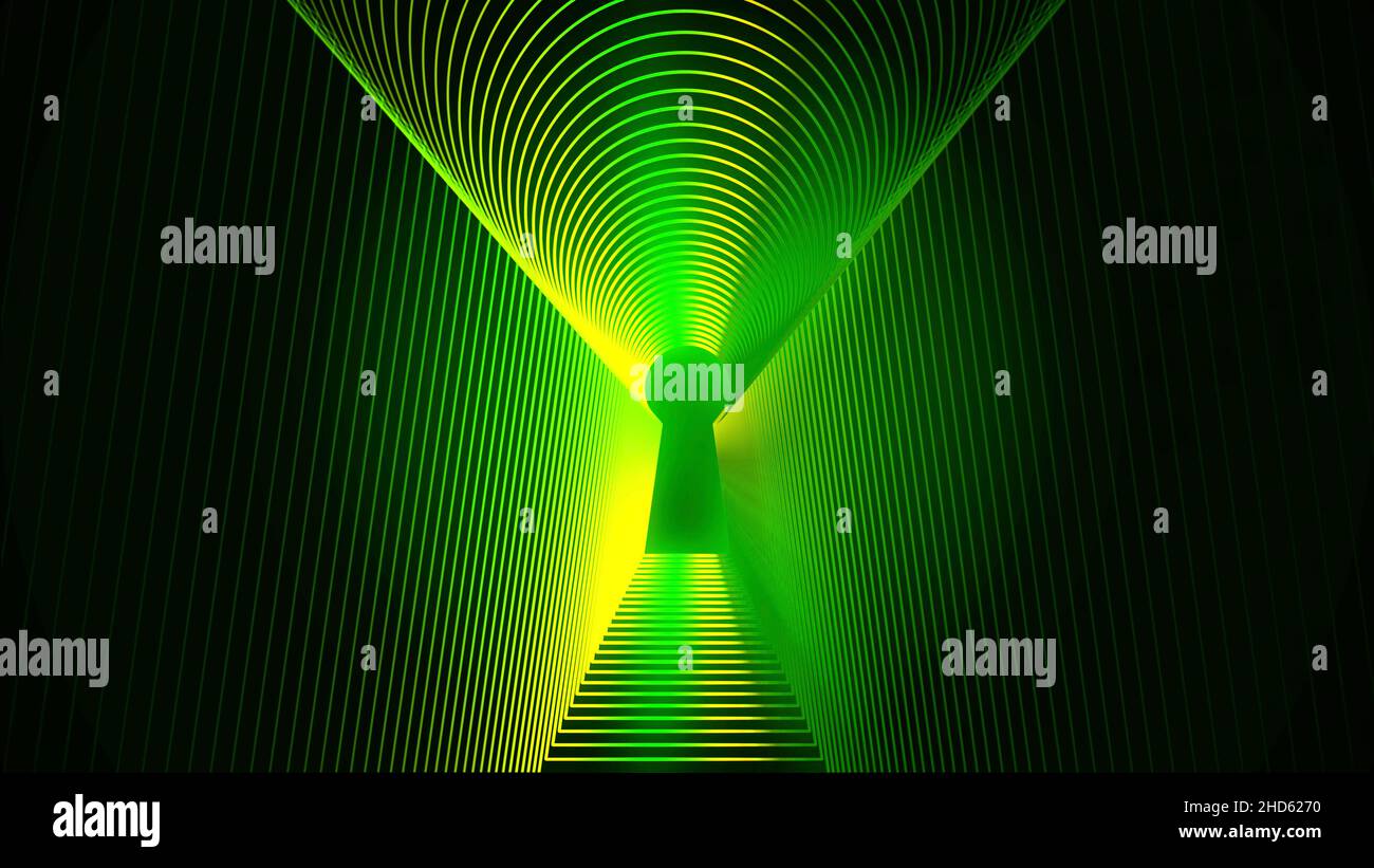 Abstract neon green keyhole icon and the tunnel of same figure ...