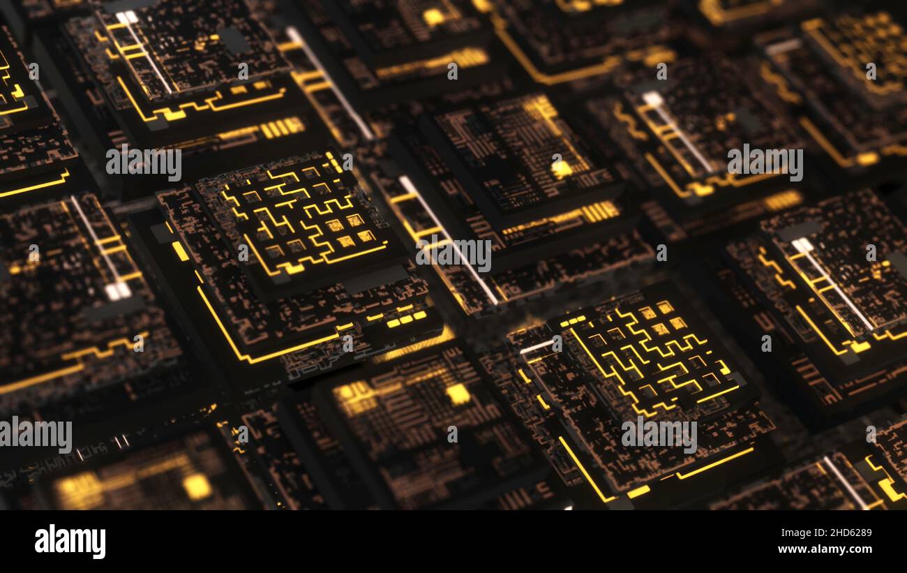 Abstract futuristic electronic circuit board, neural network and big data. Artificial ...