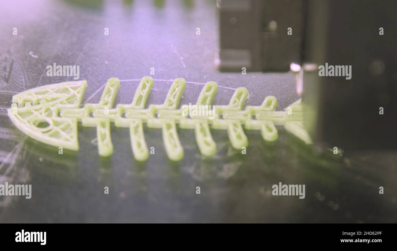 Close Up of 3D printer while printing fish form. Plastic skeleton of ...