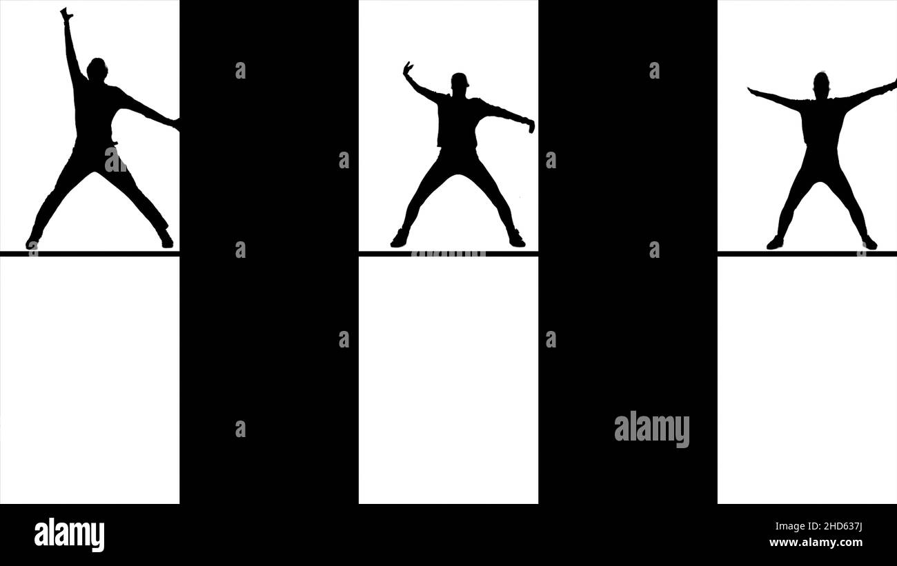 Abstract black silhouettes dancing, jumping, and moving in windows ...