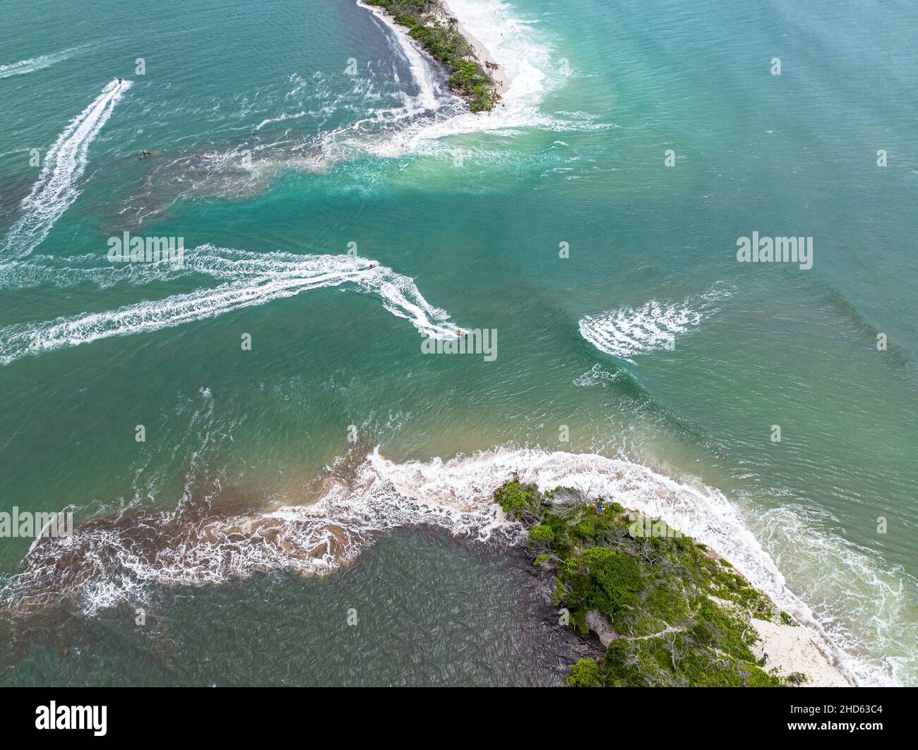 Aerial view of Bribie Island divided in two by huge king tide in ...