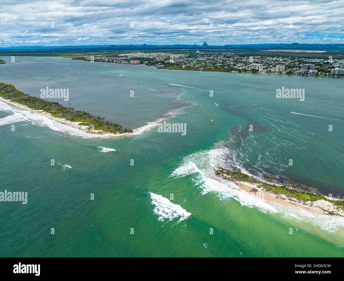 Aerial view of Bribie Island divided in two by huge king tide in ...