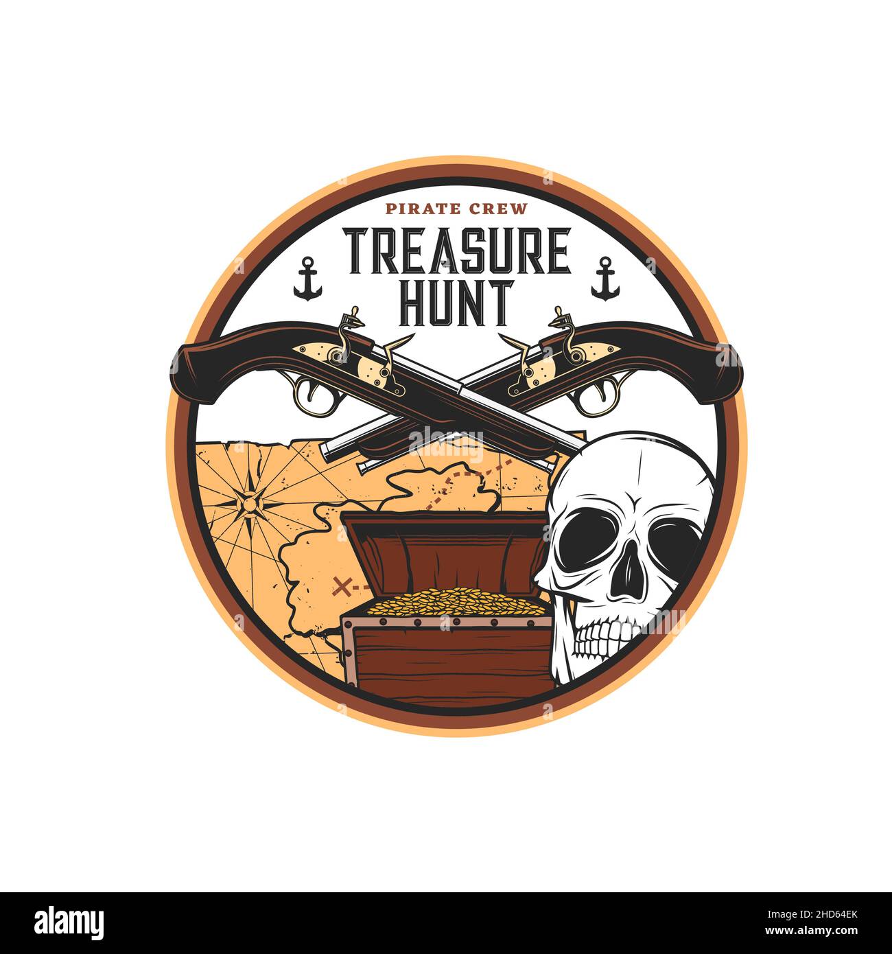 Pirate treasure hunting icon, vector emblem with chest full of golden ...