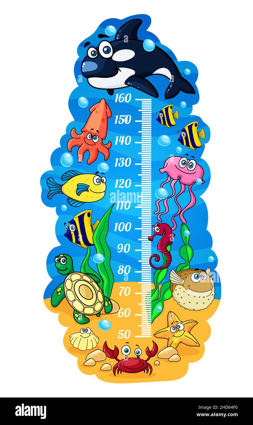 Underwater animals. Kids height chart, growth meter. Cartoon vector ...