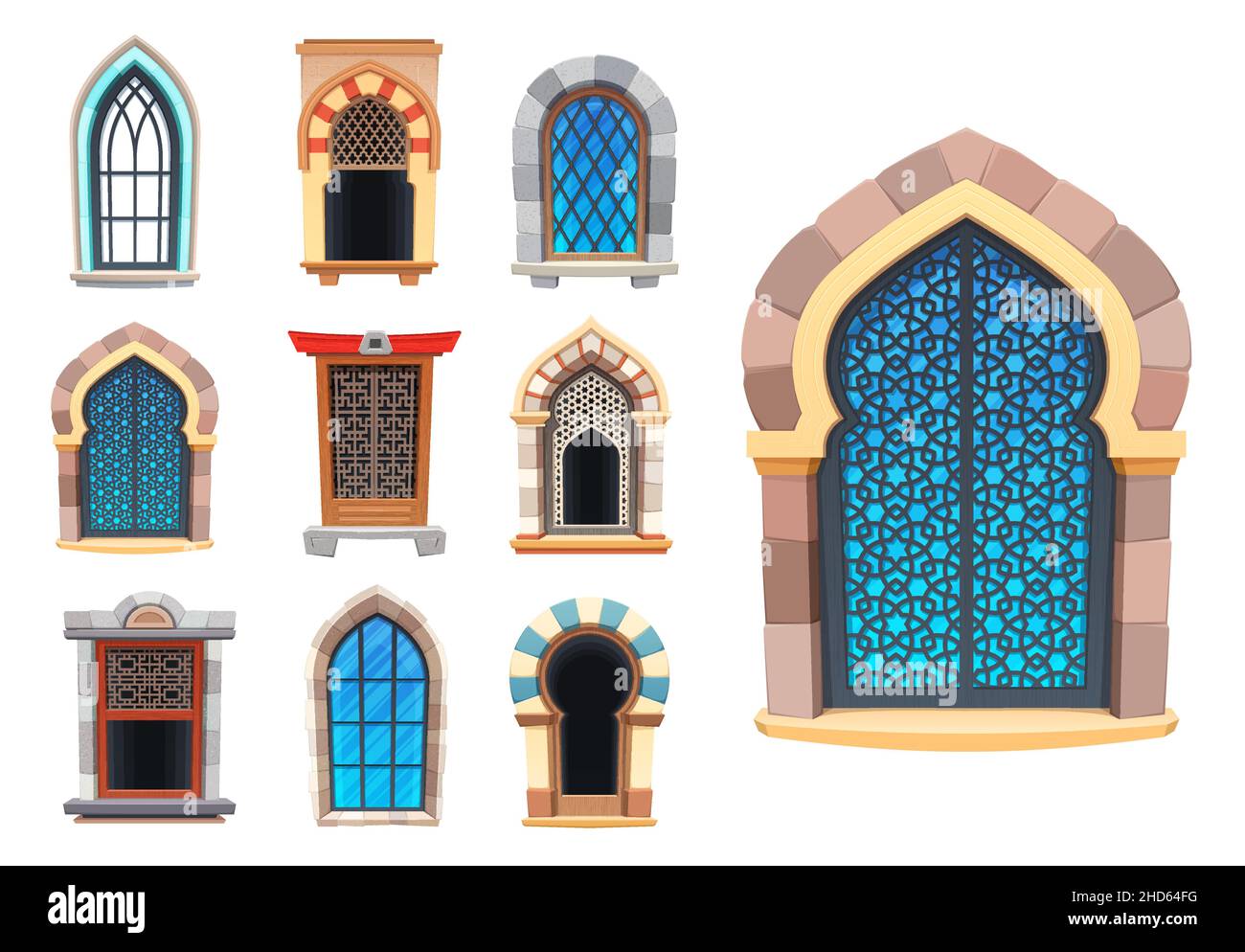 Cartoon interior windows of castle, temple and fortress. Vector palace ...