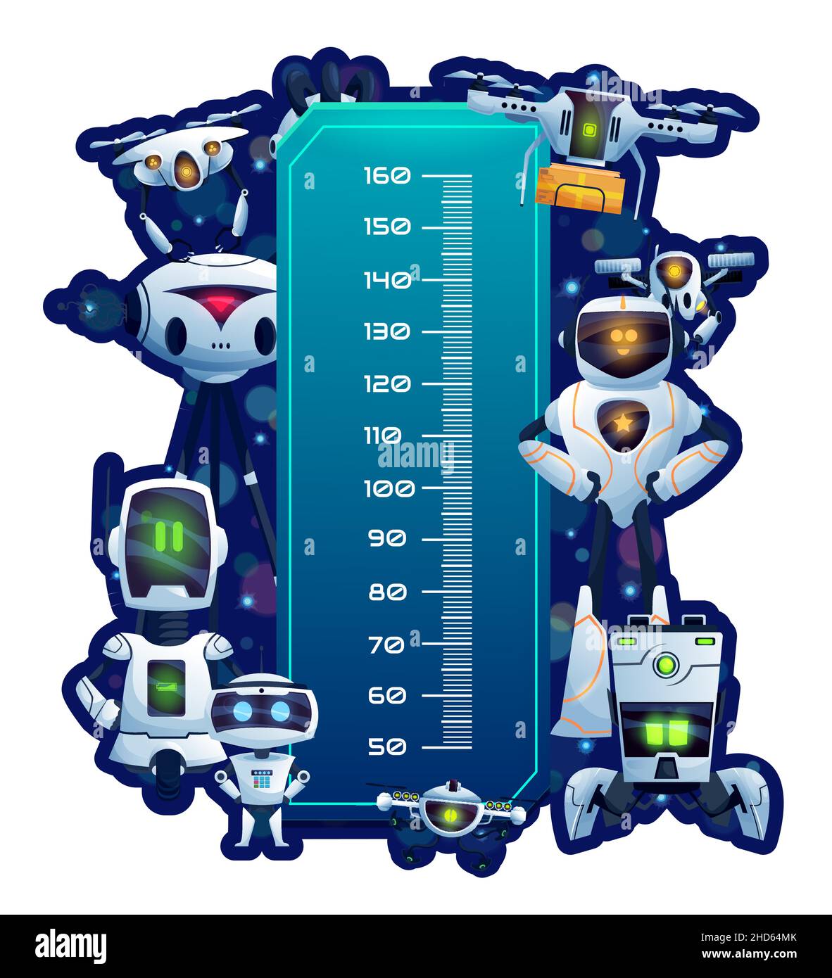 Kids height chart, growth measure meter with cute ai robots, drones and ...