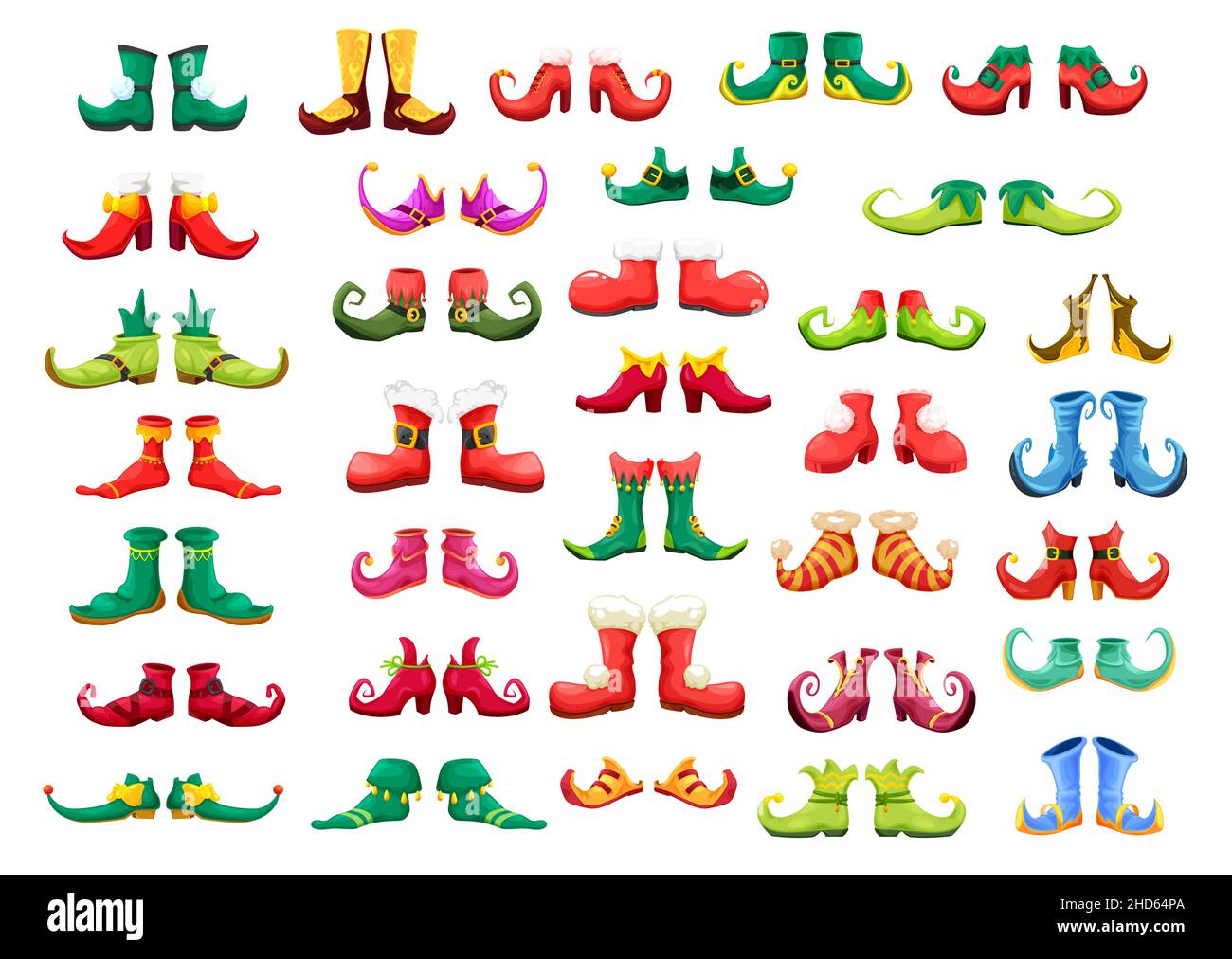 Cartoon boots and shoes of Santa, gnome elf or witch, magician warlock ...