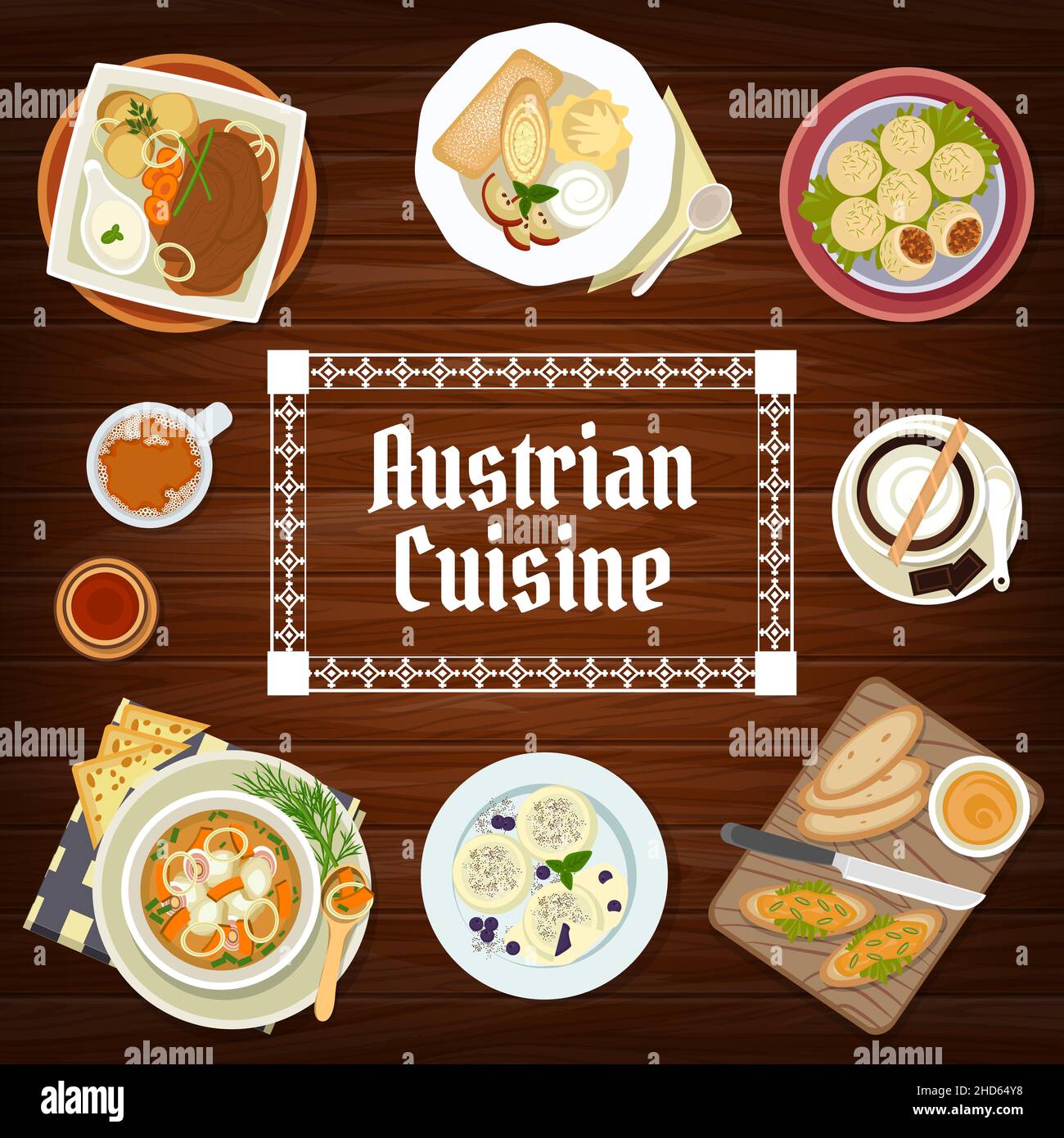 Austrian cuisine menu cover with vector meat and fruit dumplings ...