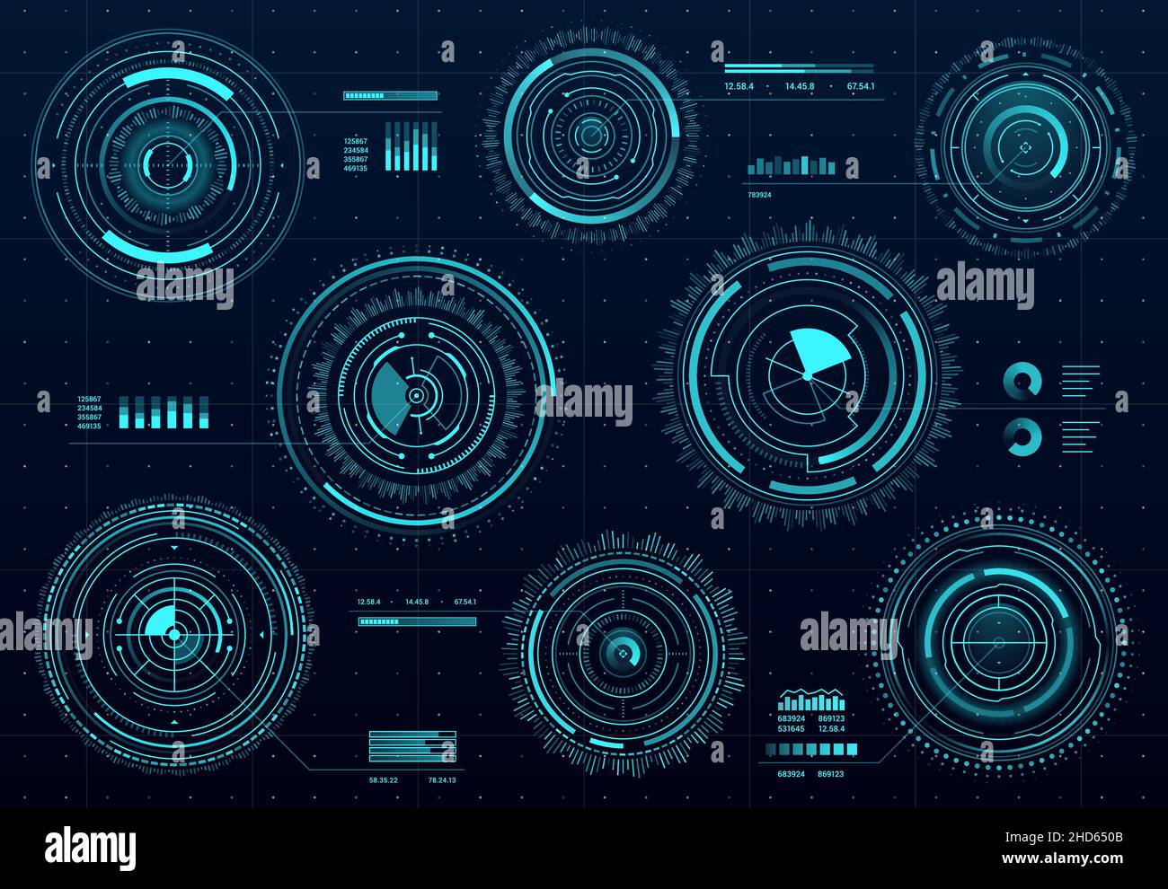 Circle futuristic HUD digital interface data screen dashboard. Vector sci-fi crosshair aims ...