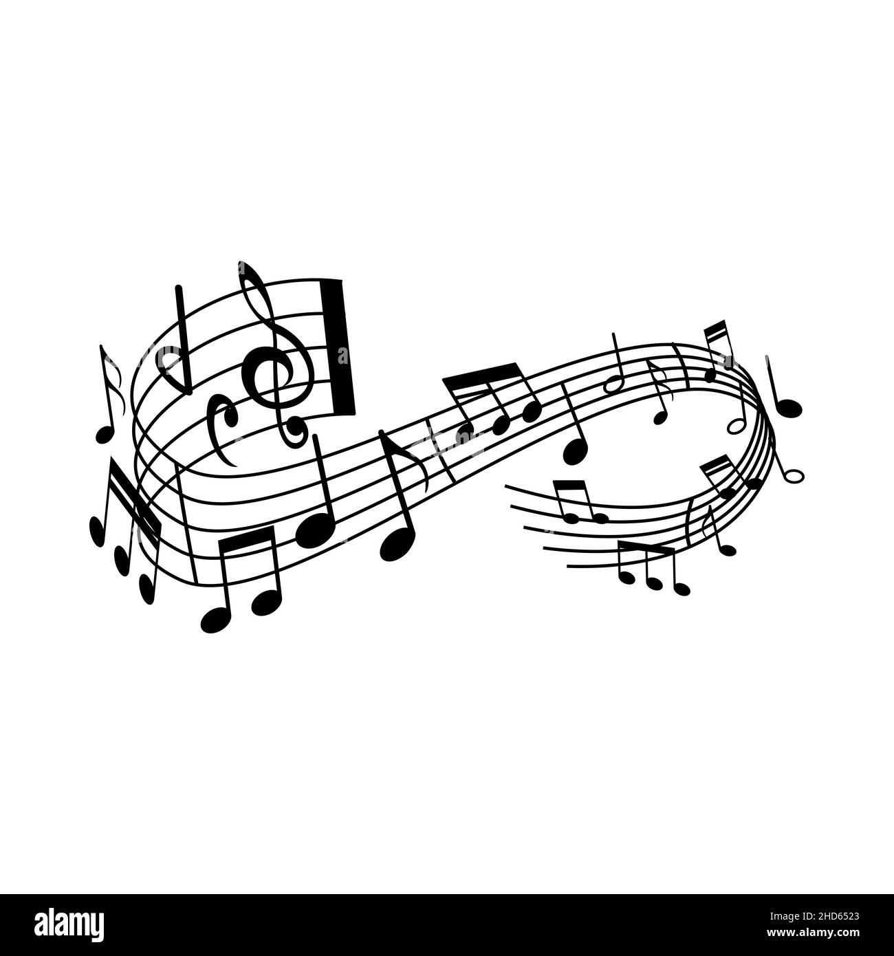 Music sounds wave, vector musical notes, treble or bass clef, flat ...
