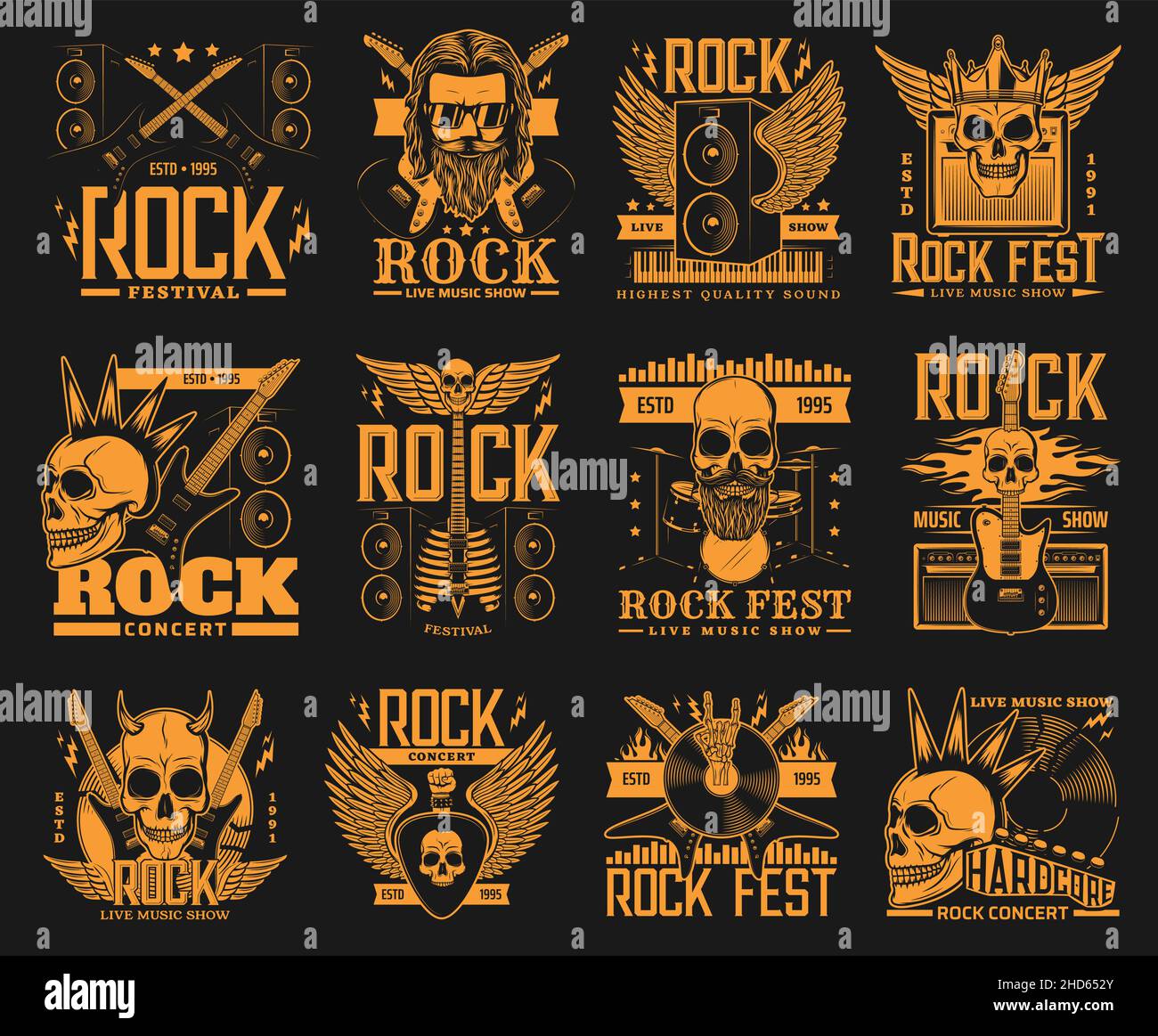Rock festival, hardcore music live show icons. Vector skull with horns ...
