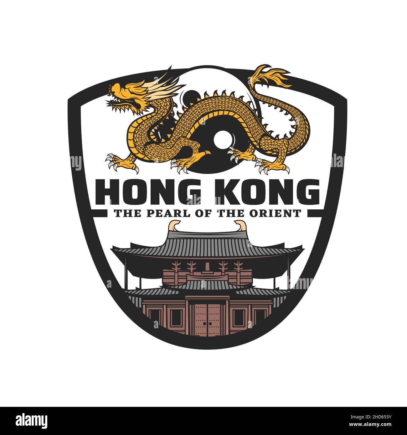 Monastery and dragon. Vector icon of Hong Kong travel. Ancient nunnery ...