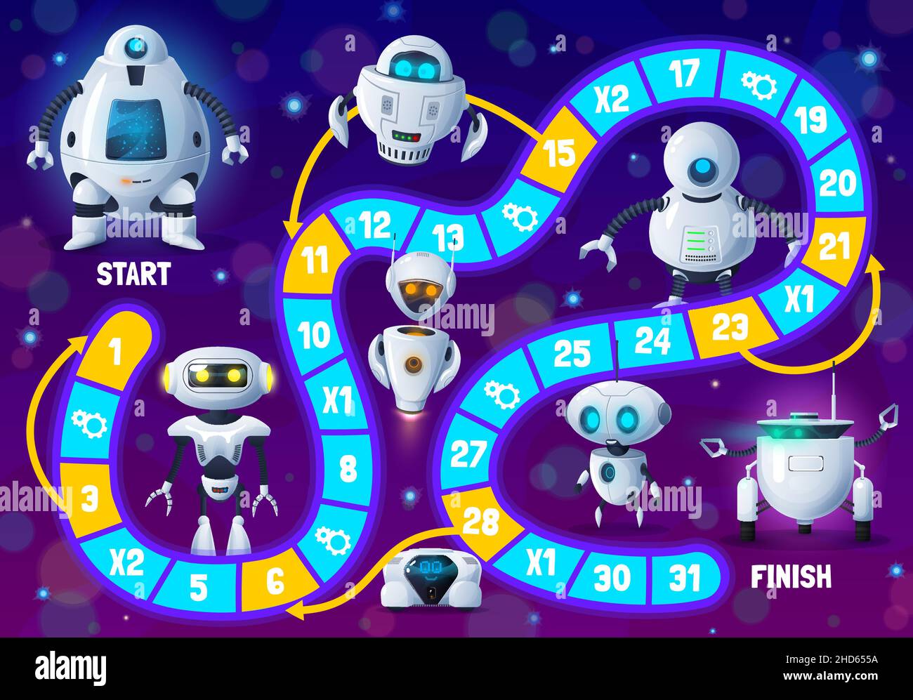 Kids board game with cartoon robots, androids and cyborgs, vector ...