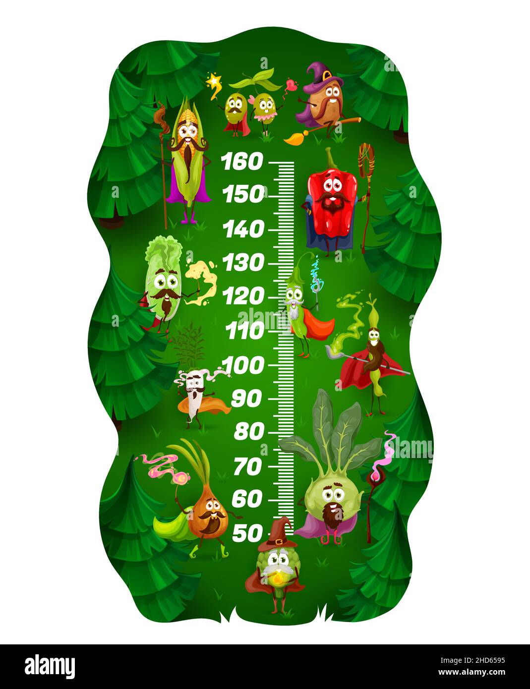 Kids height chart, cartoon wizard vegetables growth meter, vector ...