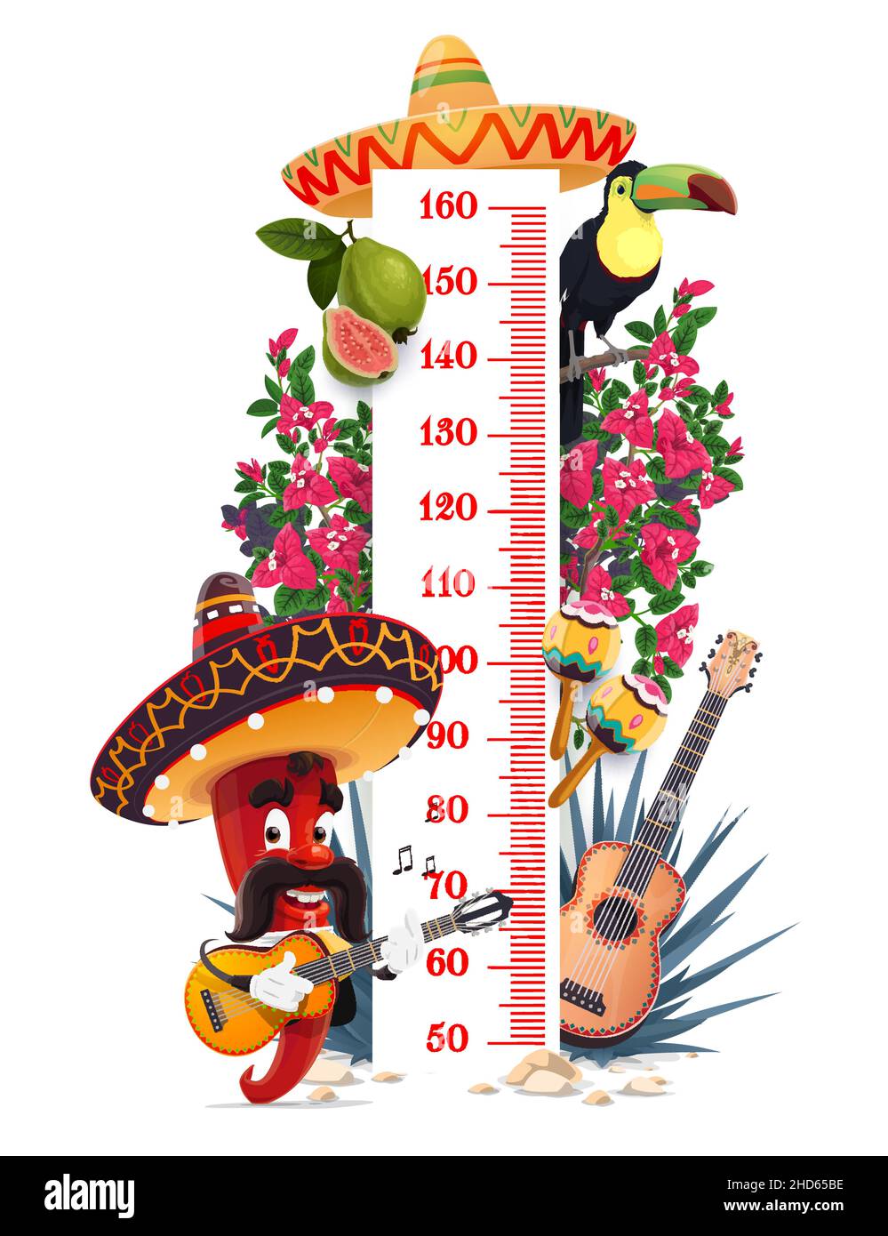 Kids height chart with Mexican mariachi and chili pepper in sombrero ...