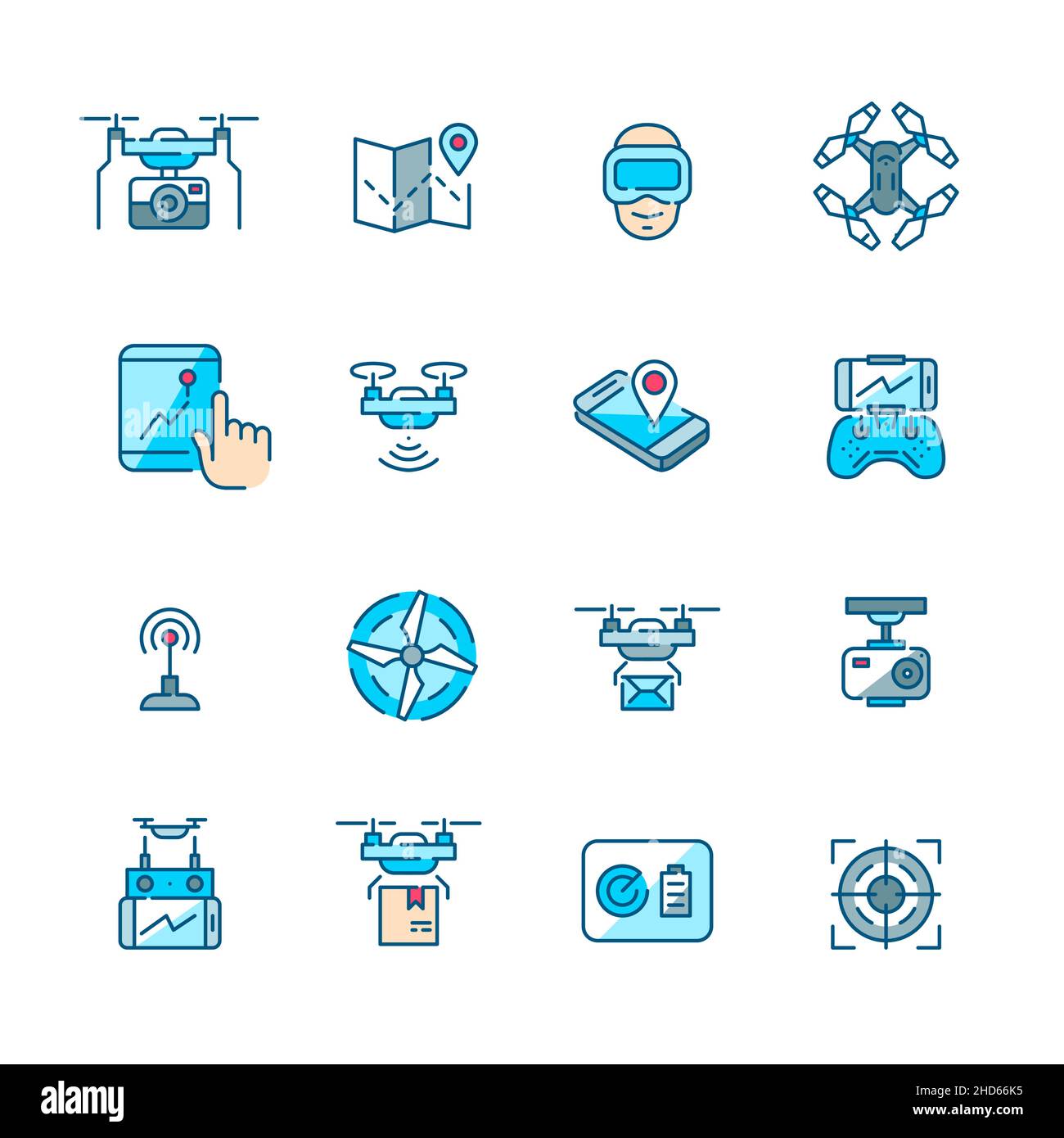 Set of drone related icons. Camera mounts, controller, front view and ...