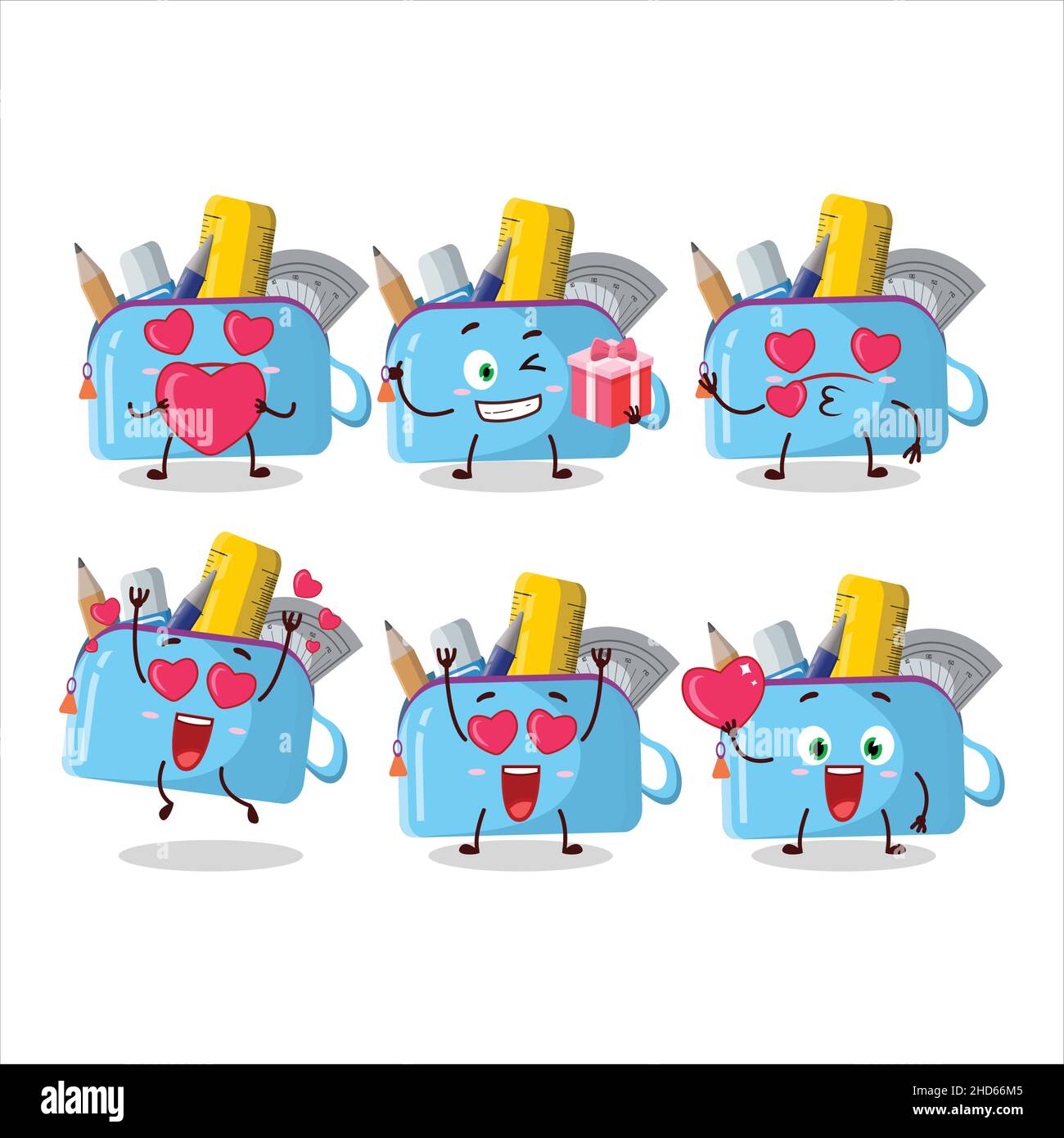 Blue pencil case cartoon character with love cute emoticon. Vector ...
