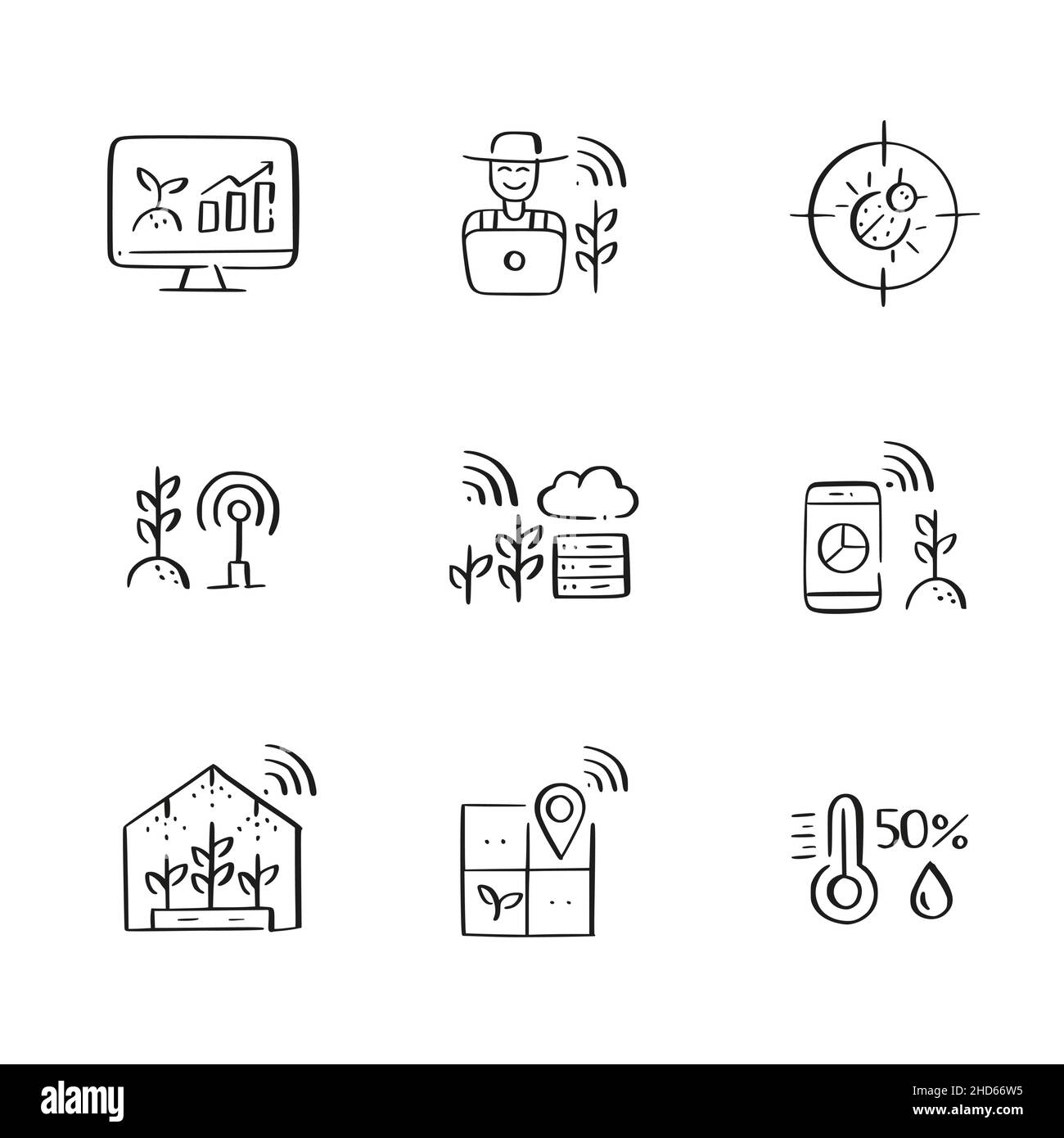 Smart farming icons set. Farmer using internet of things, drones and ...