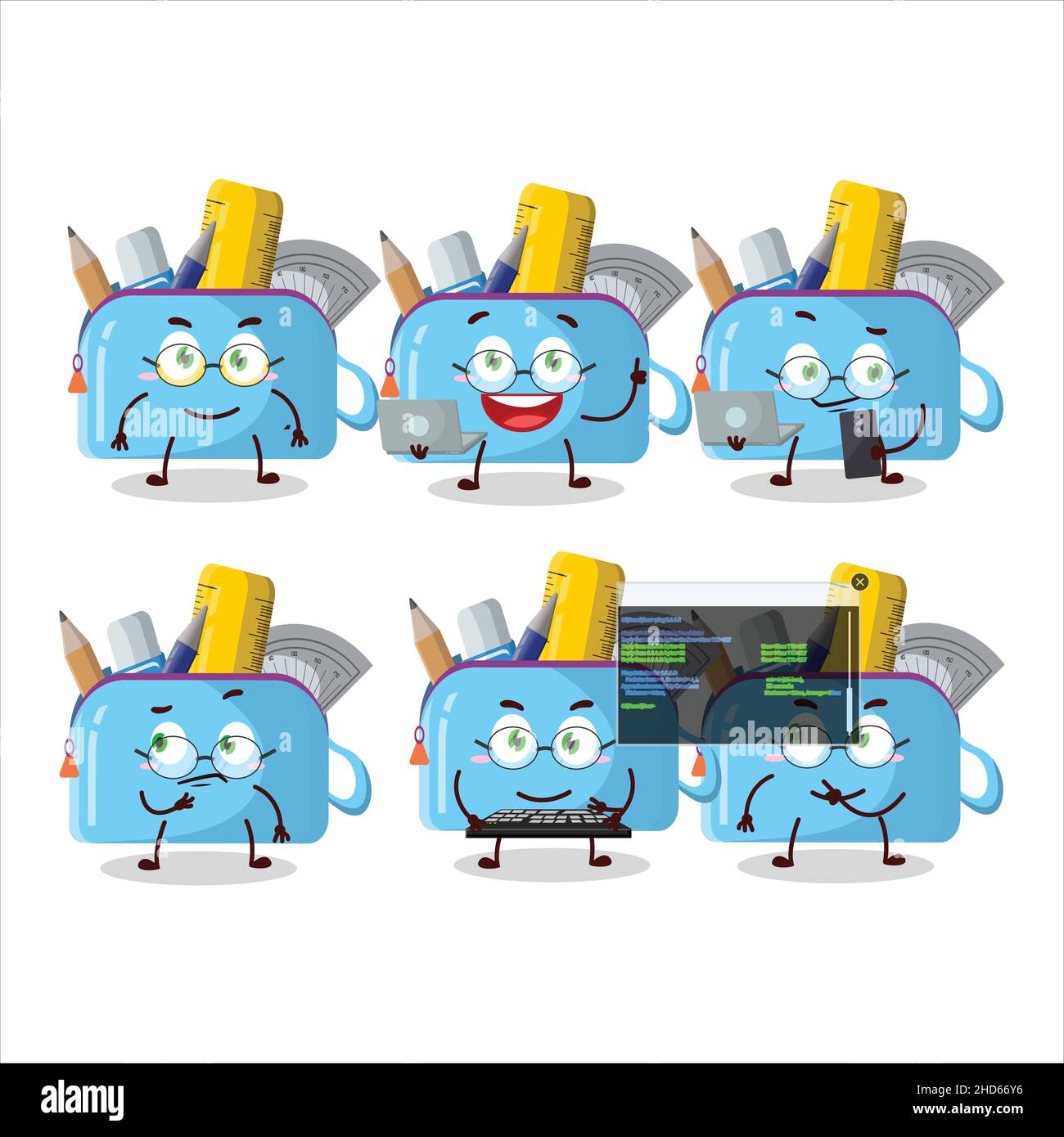 Blue pencil case Programmer cute cartoon character with. Vector ...