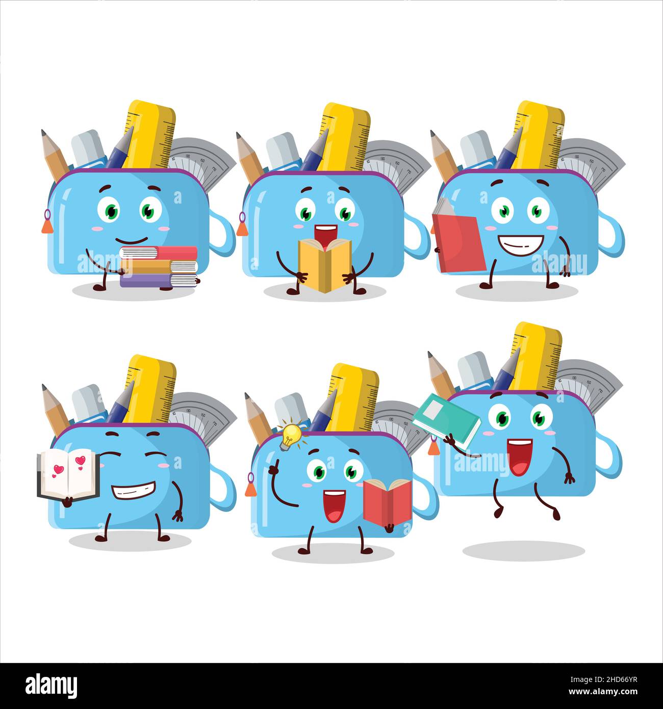 A picture of blue pencil case cartoon character concept reading an ...