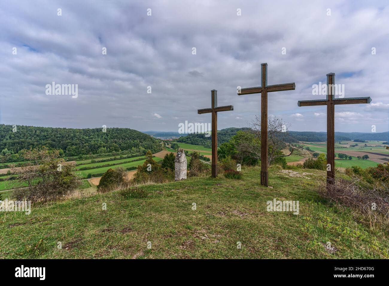 Three crosses on the top of a hill in the swabian alps, Germany Stock ...
