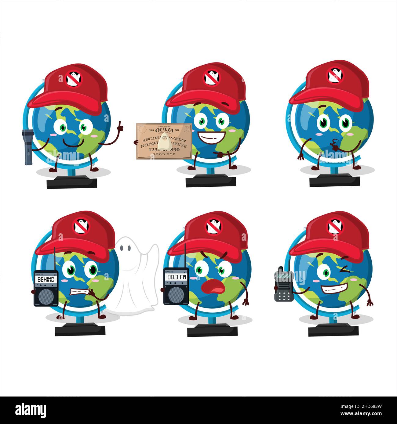 Ghost hunter cartoon globe ball character using camera. Vector ...