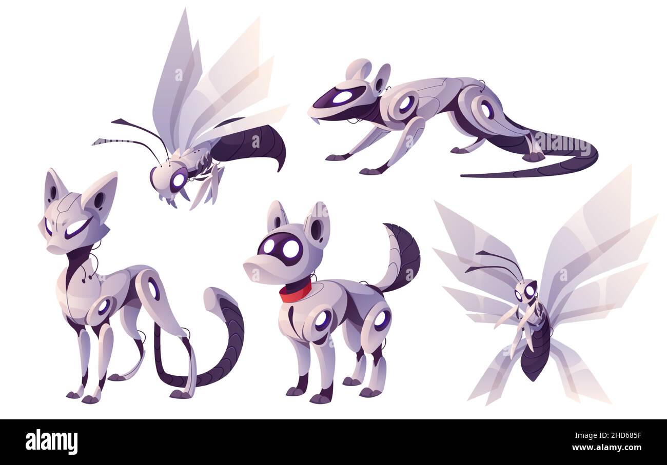 Pets robots, cyborgs cat, dog, rat and insects wasp or bee. Cartoon ...