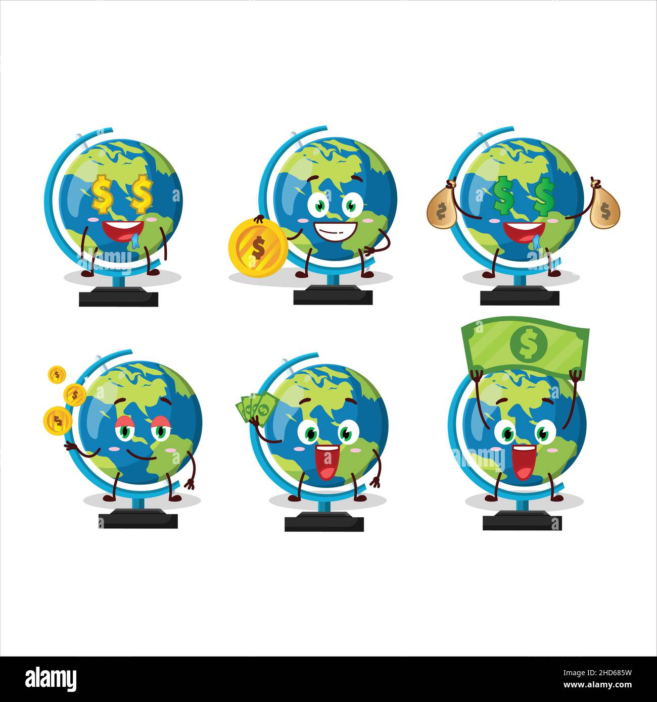 Globe ball cartoon character with cute emoticon bring money. Vector ...