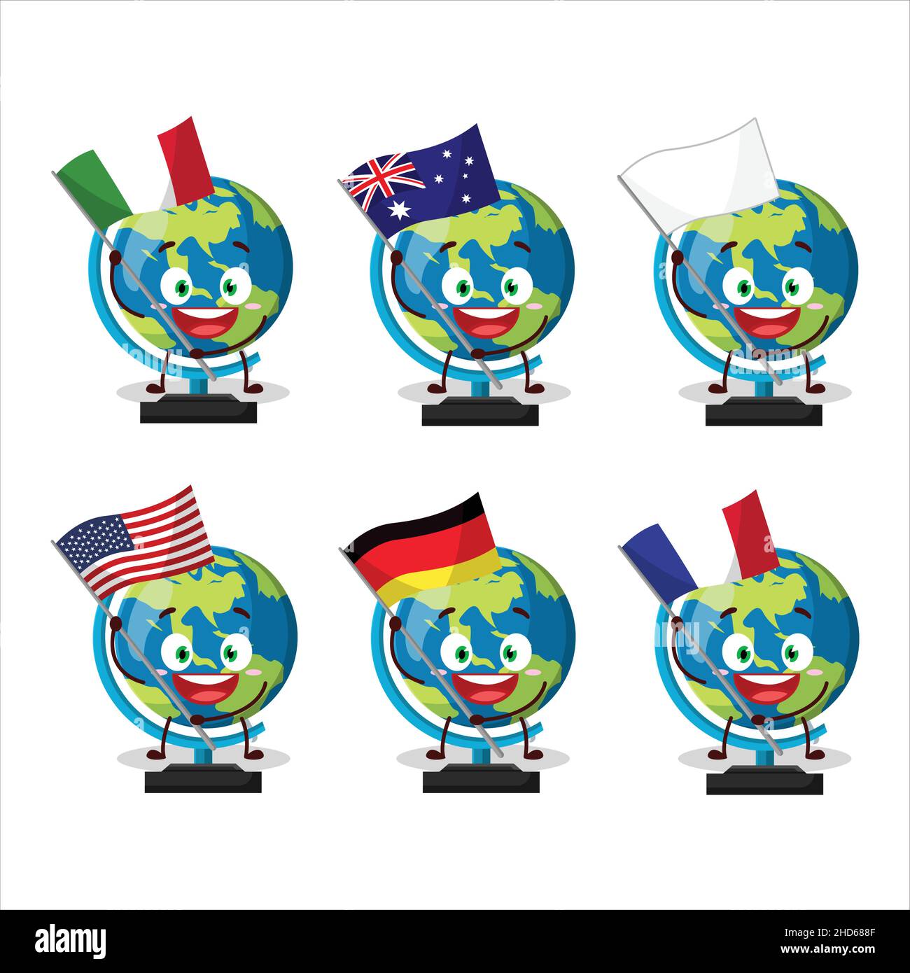 Globe ball cartoon character bring the flags of various countries ...