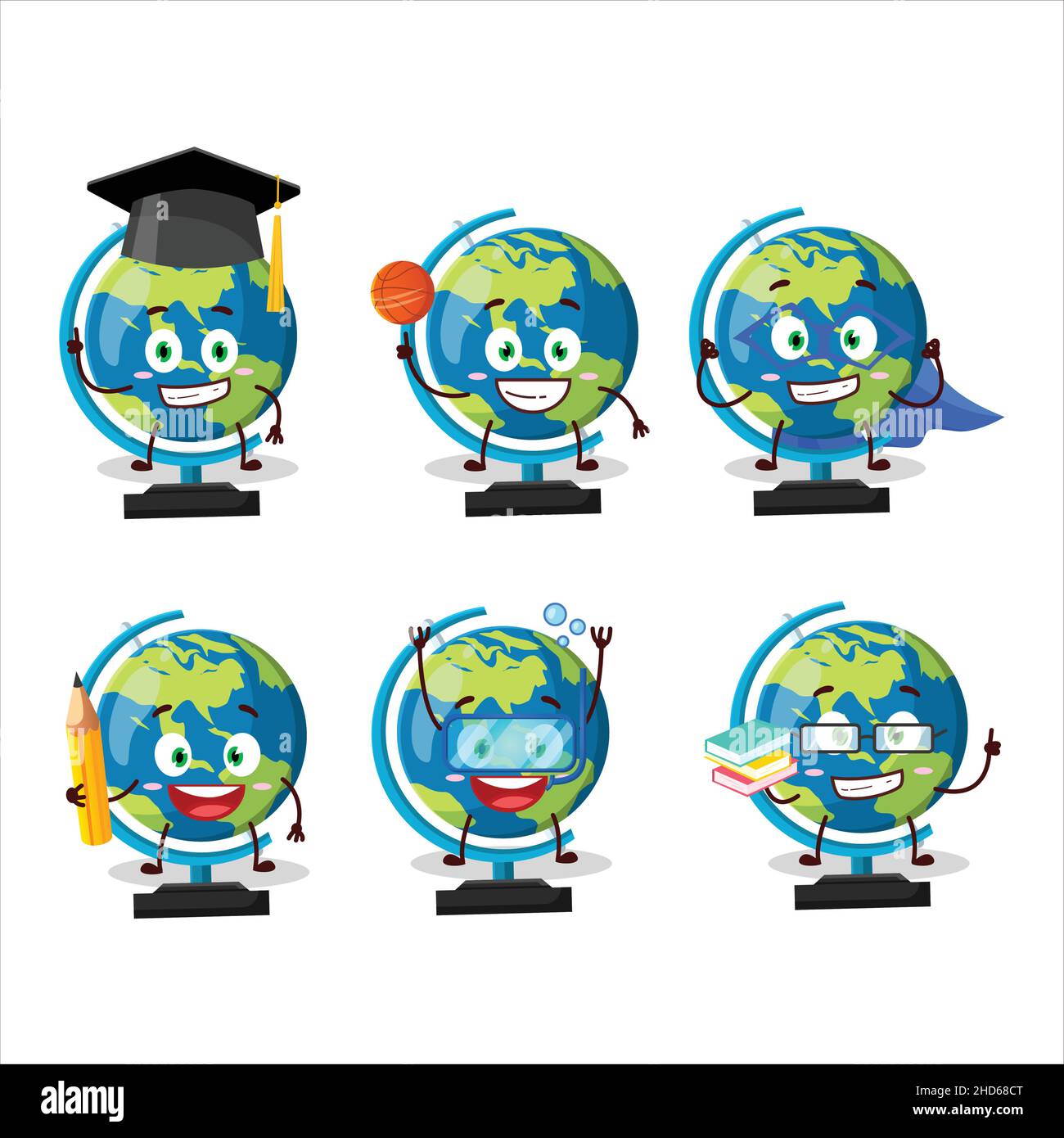 School student of globe ball cartoon character with various expressions ...