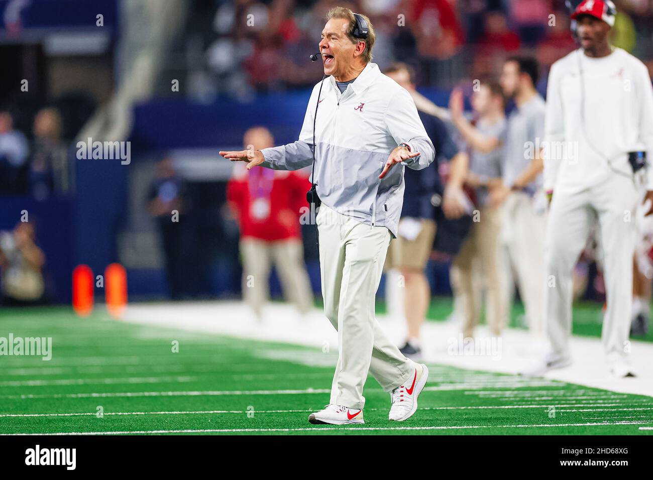 Alabama Crimson Tide coach Nick Saban, reacts to a play from the ...
