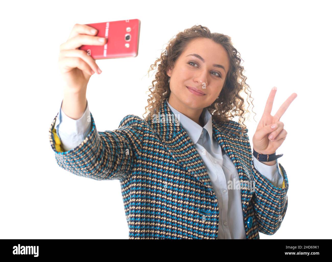 of a cute lovely woman taking selfie and showing peace sign with ...