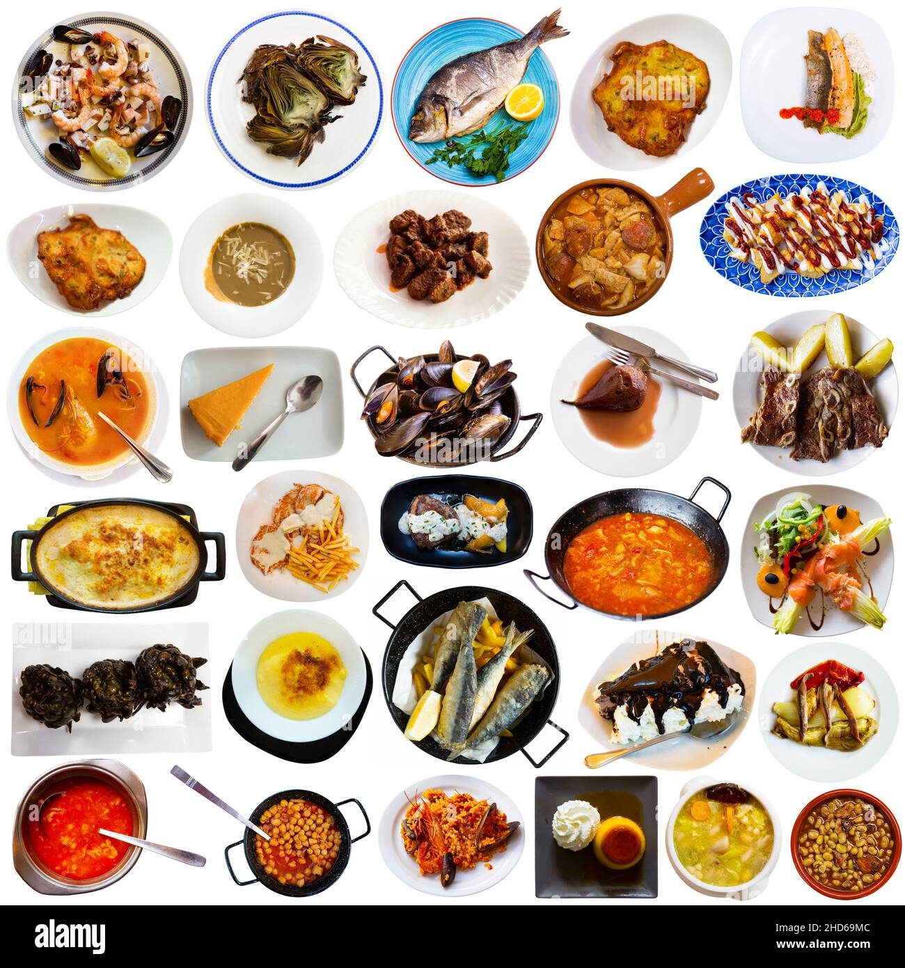 Set of Spanish cuisine dishes at plates isolated Stock Photo - Alamy
