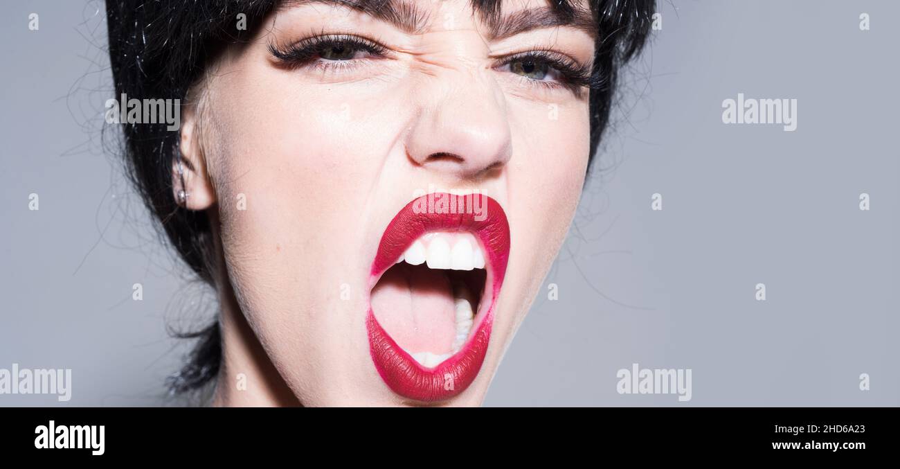 Excited angry woman screaming and shouting. Horizontal banner for ...