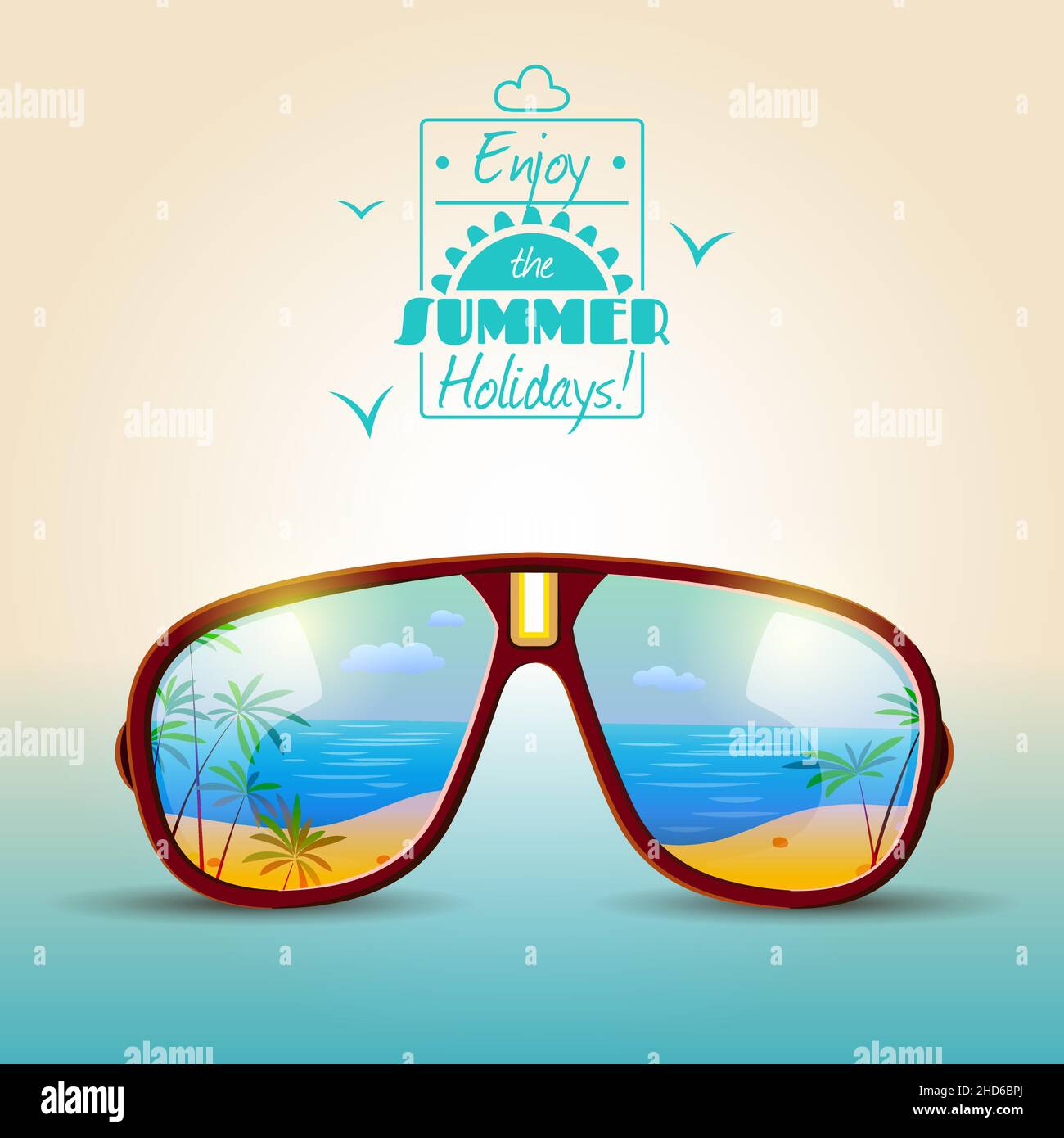 Summer holidays poster with sunglasses with sea beach in reflection ...