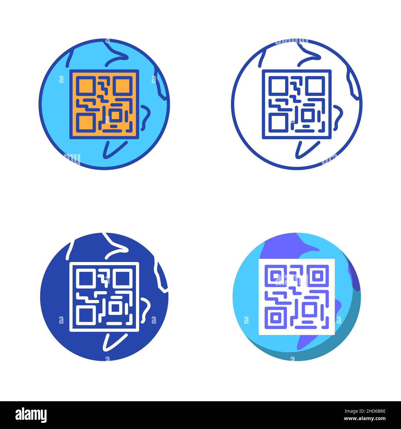 Qr code on Earth globe icon set in flat and line style. Vector ...