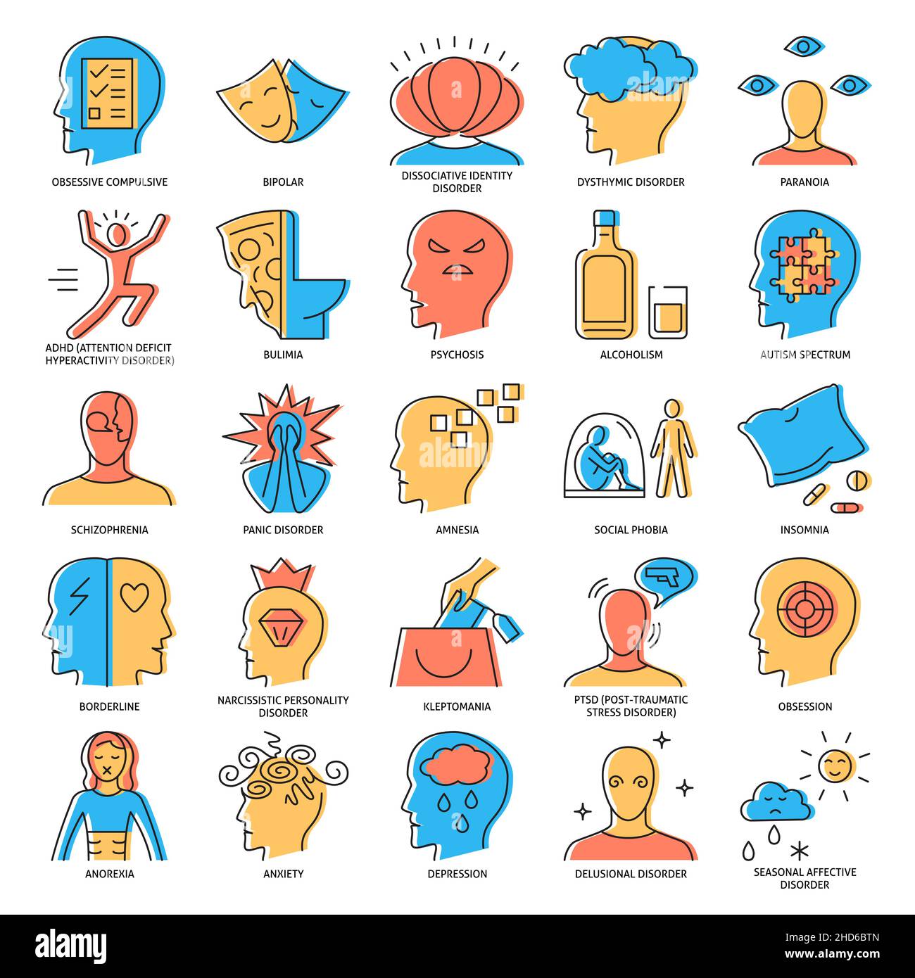 Mental disorders icon set in colored line style. Psychological problems ...