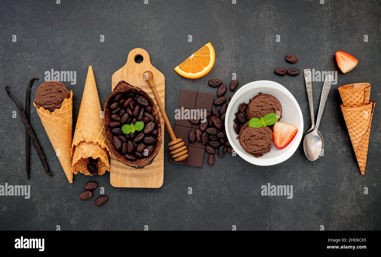 Chocolate ice cream flavours in bowl with dark chocolate and cacao nibs ...