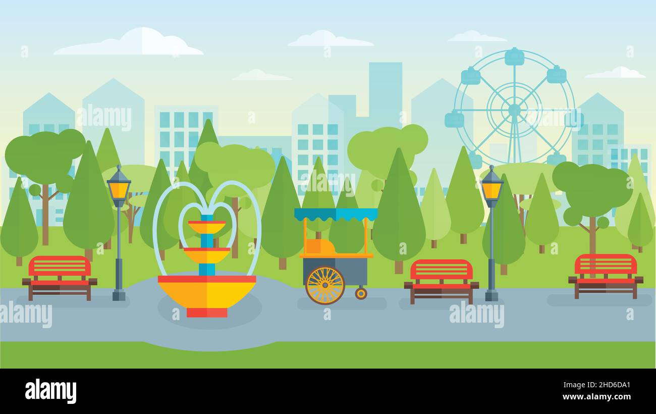 Town park flat composition with walkway and lanterns red benches ...