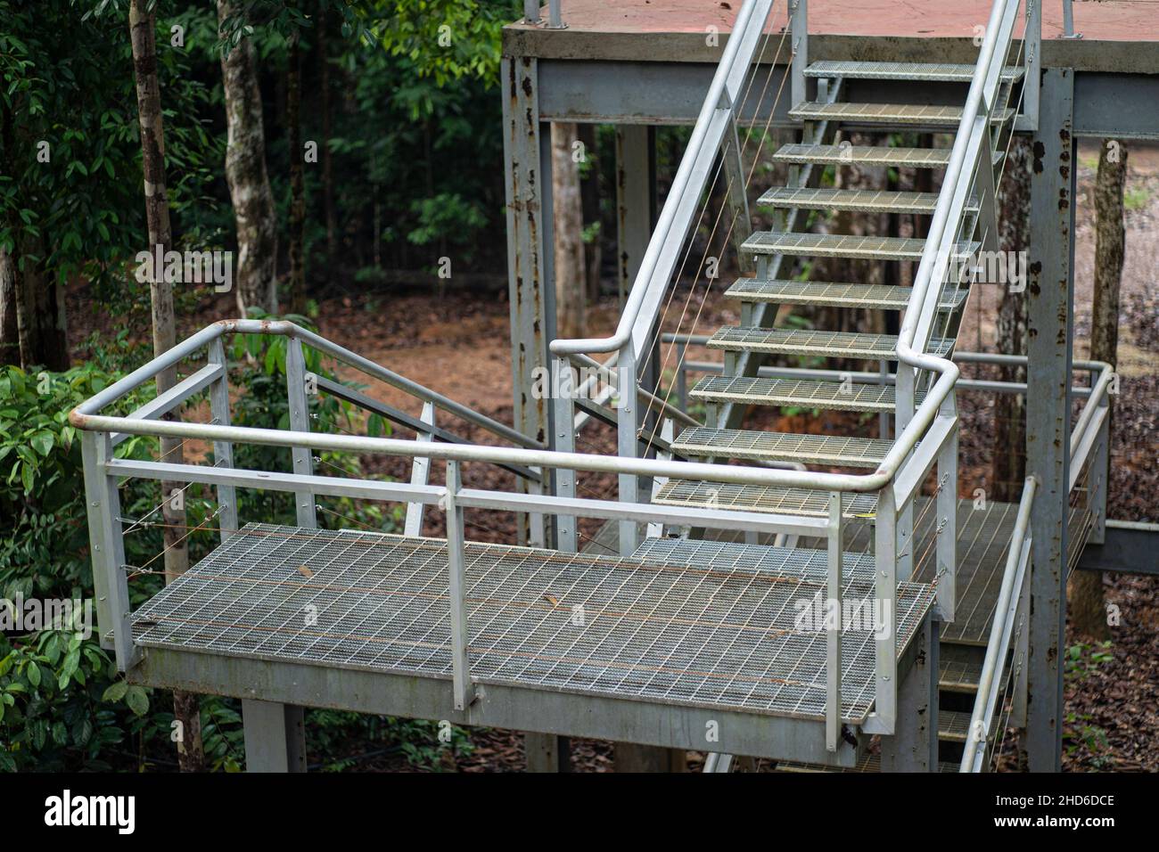 Side view of a steel stairs located outside of a building. Selective ...