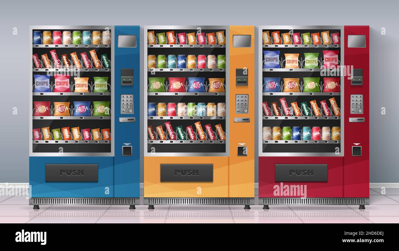 Realistic poster with three multicolored vending machines full of ...