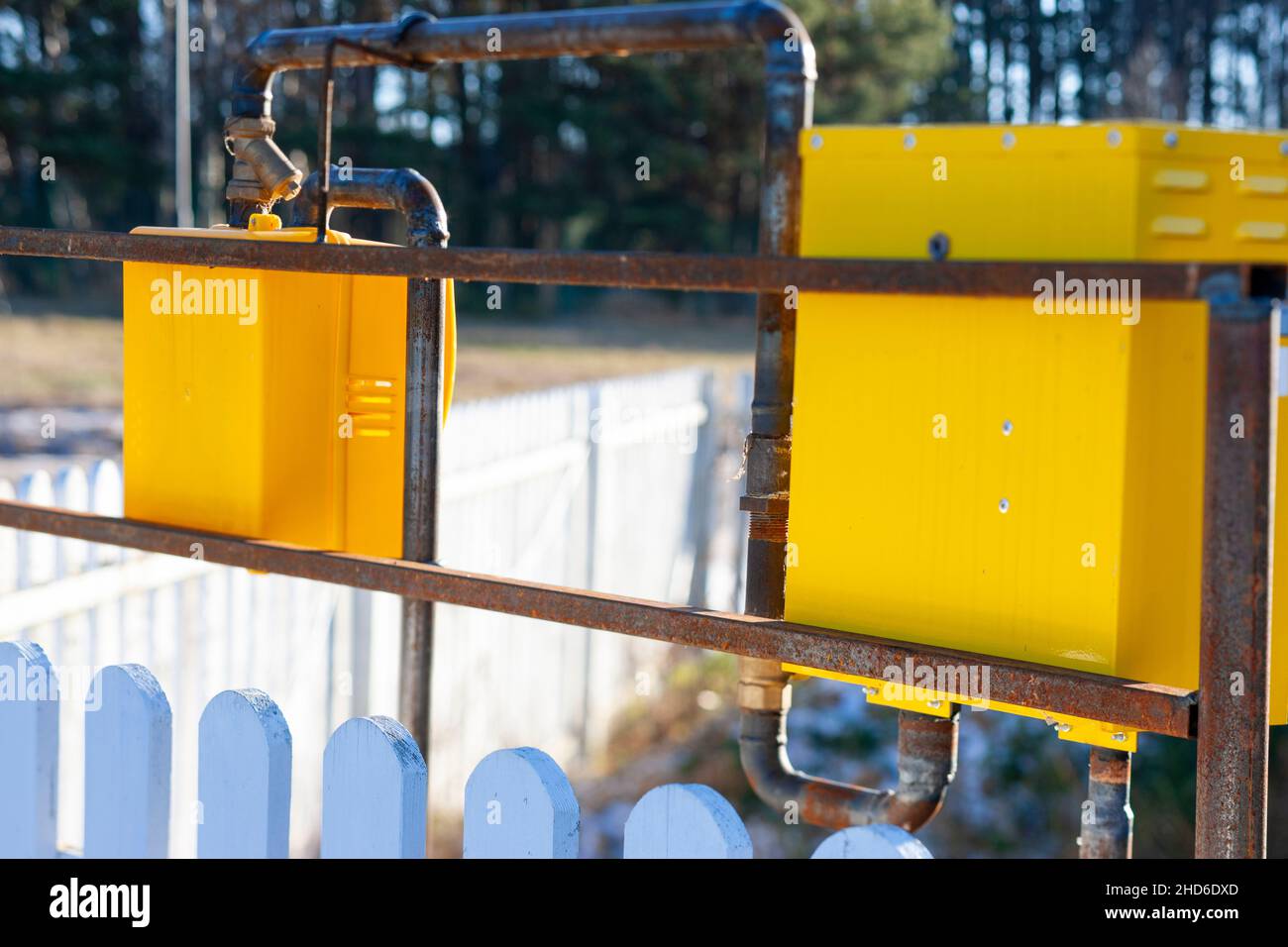 lpg pipeline and gas meter boxes, outdoor tilt shift image Stock Photo ...