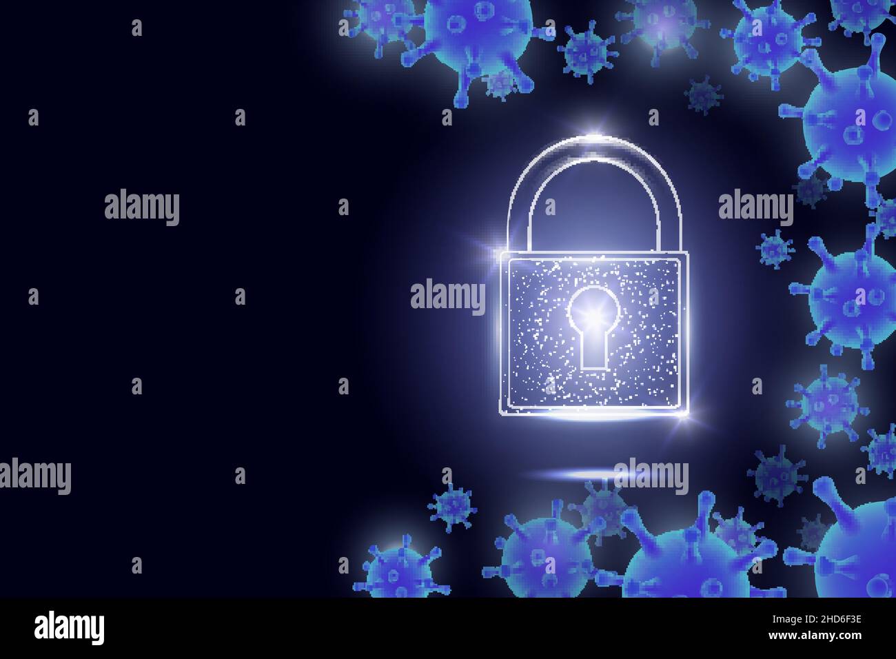 Lock and viruses, glowing neon lights, vector illustration. Security ...